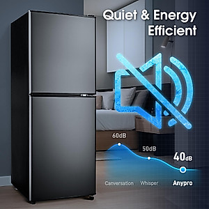 Anypro Fridge with Bottom Freezer and Drawer, 4.1 Cu.Ft Double Door Refrigerator with 7 Adjustable Temperature Settings for Bedroom, Dorm, Office, Apartment, Large Capacity, Black