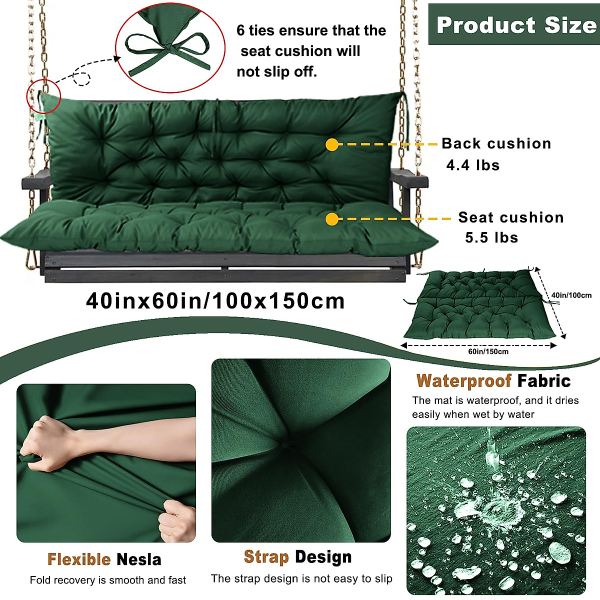 Porch Swing Replacement Cushion, Outdoor Bench Cushions with Backrest Thicken 4", 3 Seat Patio Furniture Garden Loveseat Glider Pad Anti-Fading Waterproof (Green, 59.06 * 39.37inch)