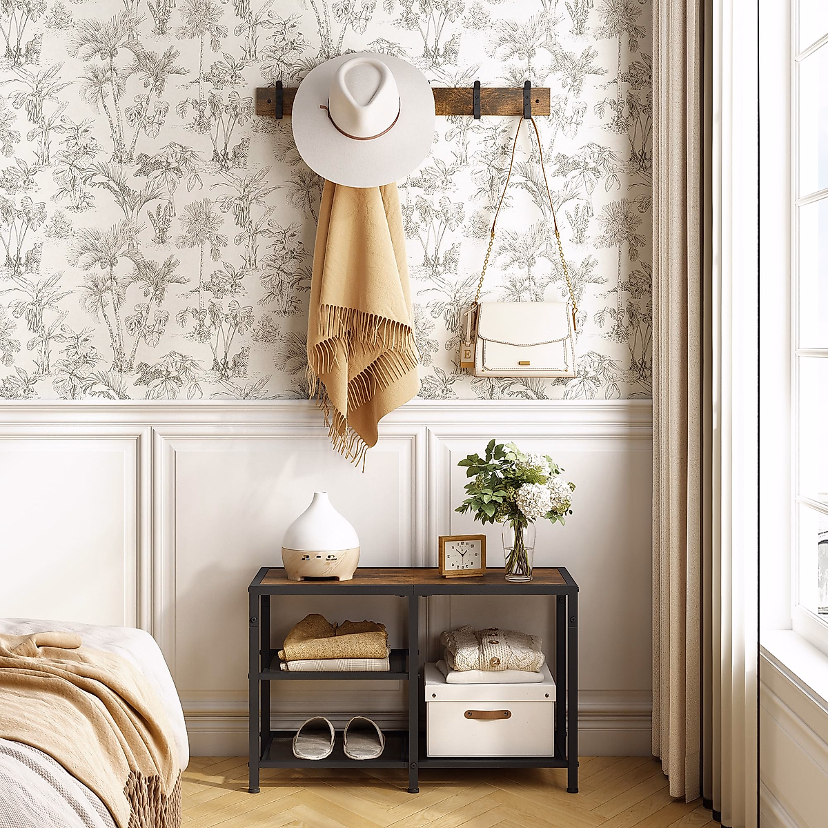 Gewudraw Coat Shoe Rack Bench Entryway - 3 in 1 Entry Bench Seat with Shoe Storage with Coat Hooks Wood Benches Metal Frame Small Shoes Shelf Organizer for Hallway Mudroom Bedroom