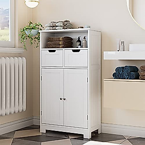 HORSTORS Bathroom Cabinet, Floor Storage Cabinet with 2 Doors and 2 Drawers, Free Standing Wooden Storage Organizer for Bathroom, Living Room, Hallway, White