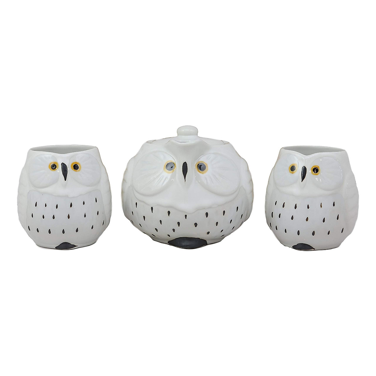 Ebros Gift Whimsical White Fat Snow Owl Ceramic 16oz Tea Pot With 2 Cups Set With Stainless Steel Strainer As Teapots And Teacups Home Decor Of Owls Owlet Nocturnal Bird