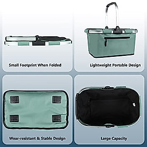 SIYUAN Picnic Basket, 22L Folding Shopping Basket Strong Aluminum Frame Camping Grocery Bags, Leak-Proof Travel Basket Easy Storage Market Basket,1 Pack,Green