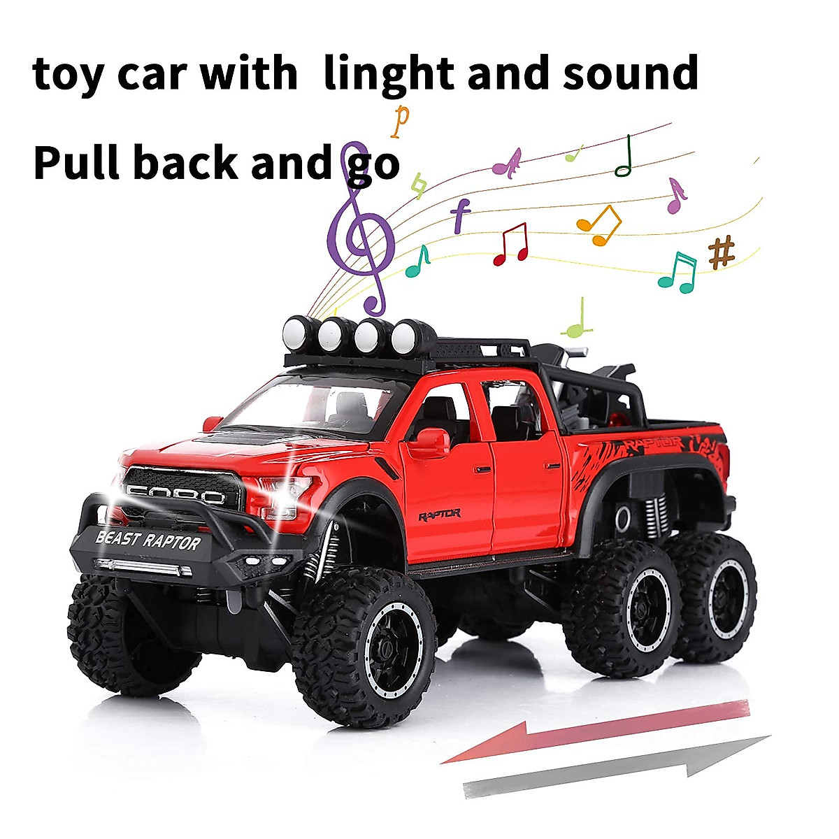 SASBSC Toy Pickup Trucks for Boys F150 Raptor DieCast Metal Model Car with Sound and Light for Kids Age 3 Year and up RED