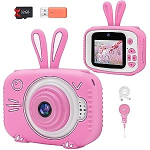YUE3000 Upgrade Kids Camera, Front and Rear Camera Digital Cameras, 2.0 -inch Screen 32GB SD Card-Pink