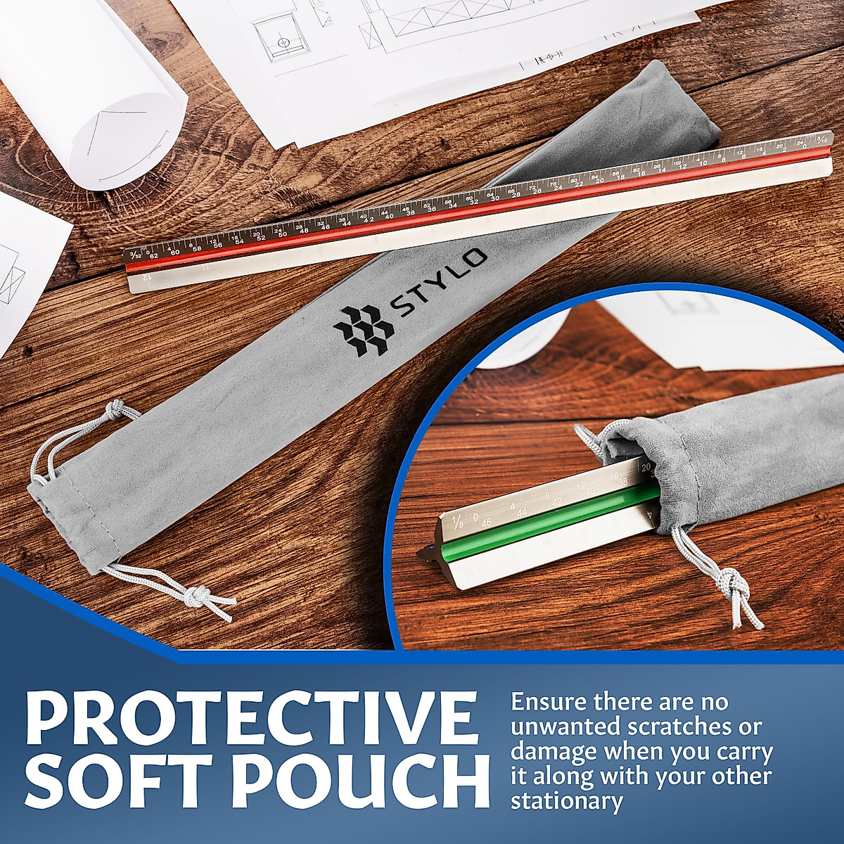 Stylo Aluminum Architect Scale Ruler 12" Laser Etched Triangle Drafting Ruler with Color - Coded Grooves for Blueprint, Drafting and Drawing - Imperial Architectural Scale Ruler for Blueprints