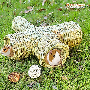 PStarDMoon Hamster Grass Tunnel Toy with Balls Nature's Hideaway Straw House with 4 Open Entrance Guinea Pig Tunnels and Tubes Toys for Rats,Syrian Gerbil,Ferrets,Little Rabbit (Style 1)