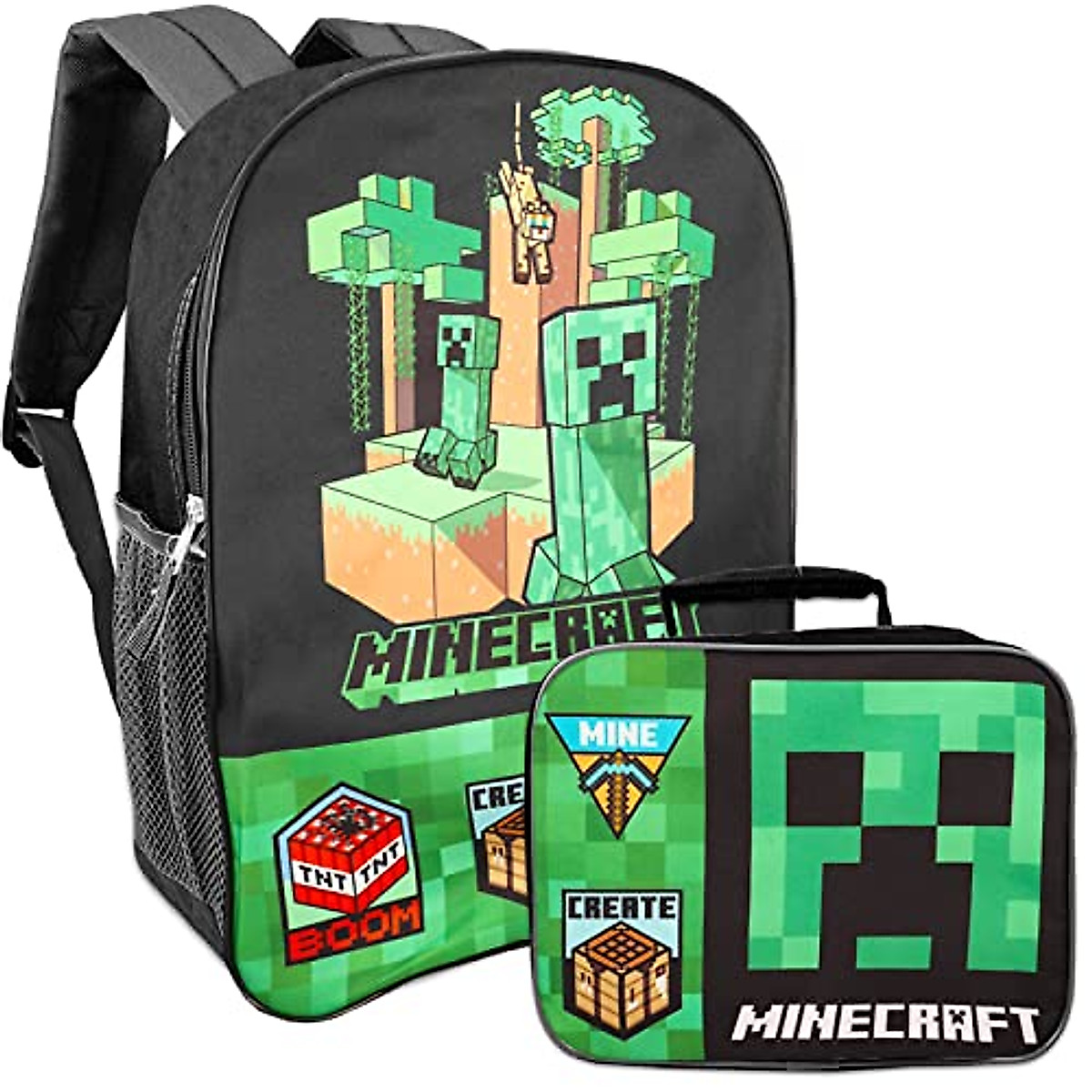 Game Party Minecraft Backpack and Lunch Set for Boys - Bundle with 16” Minecraft Backpack, Lunch, Stickers, Tattoos, More | Minecraft Backpack for Boys 8-12