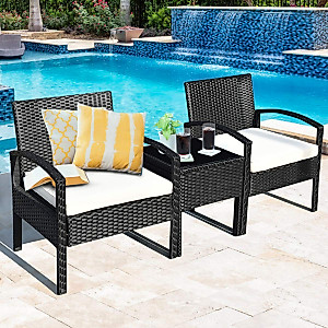 Tangkula AM0583HM 3 Piece Patio Furniture Set with 2 Cushioned Chairs & End Table, Black