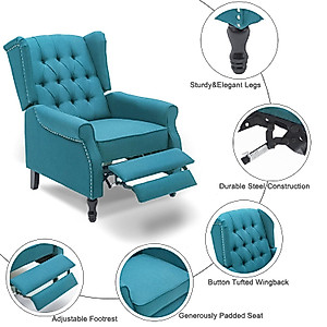 Altrobene Pushback Recliner Chair, Modern Accent Arm Chair, Fabric Wingback Chair for Living Room Bedroom, Blue