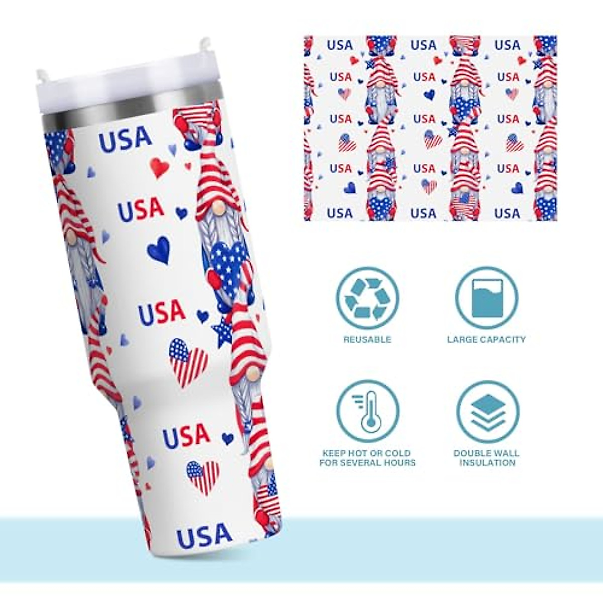 ODAWA Large Fall Insulated Tumbler with Lid and Straw, Cute Gnomes Usa Flag Double Wall Insulated Tumbler