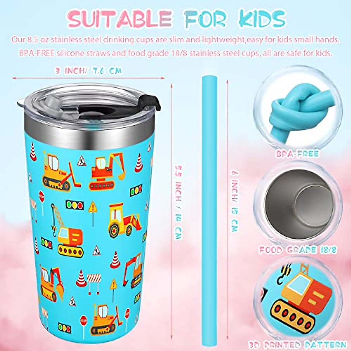 4 Pack Kids Cups with Straw Lid, Toddler Smoothie Cup Spill Proof Vacuum Stainless Steel Insulated Tumbler for Boys, 4 Styles Powder Coated Baby Child Cup + BPA Free Lids + Silicone Straws (12 Oz)