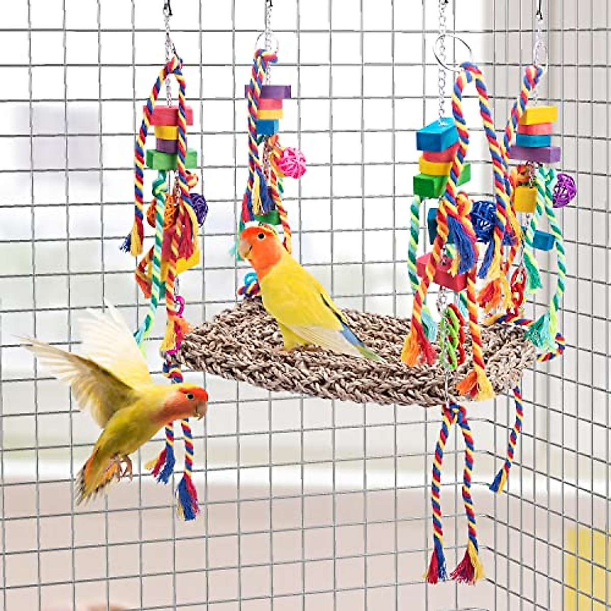 Bird Toys, Parrot Foraging Wall Toy, Edible Seagrass Woven Hammock Swing Perch with Colorful Chewing Toys for Lovebirds, Finch, Parakeets, Budgerigars, Conure, Cockatiel, Canary, Amazon, African Grey