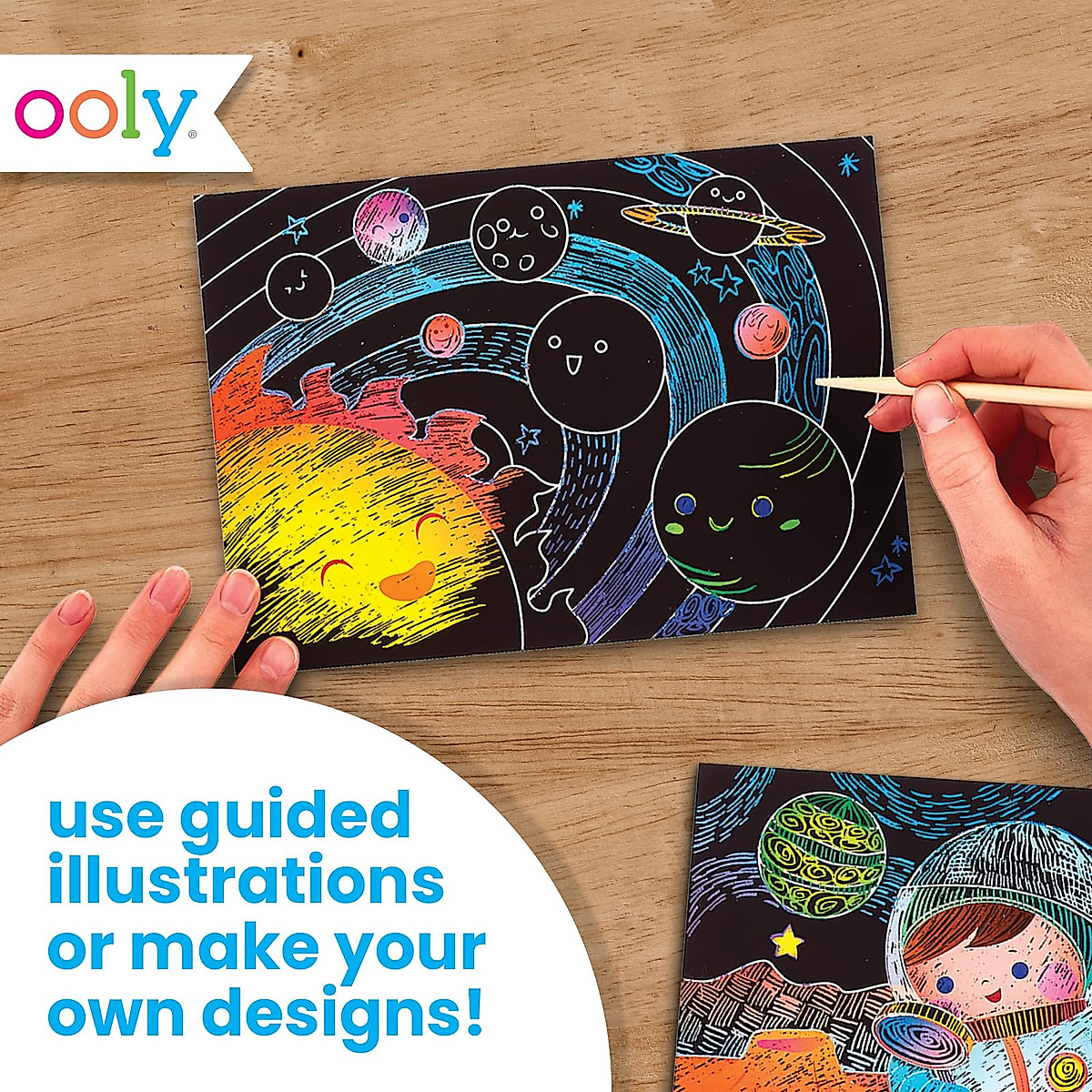 Ooly, Scratch and Scribble, Art Kit for Kids, Space Explorers, Children's Guided Artwork - 10 Piece Set
