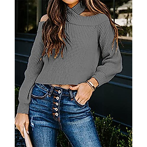 Women's Cold Shoulder Halterneck Sweater Crossed V- Neck Crop Halter Knit Pullover Off Shoulder Long Sleeve Knitted Top (Grey,Medium)