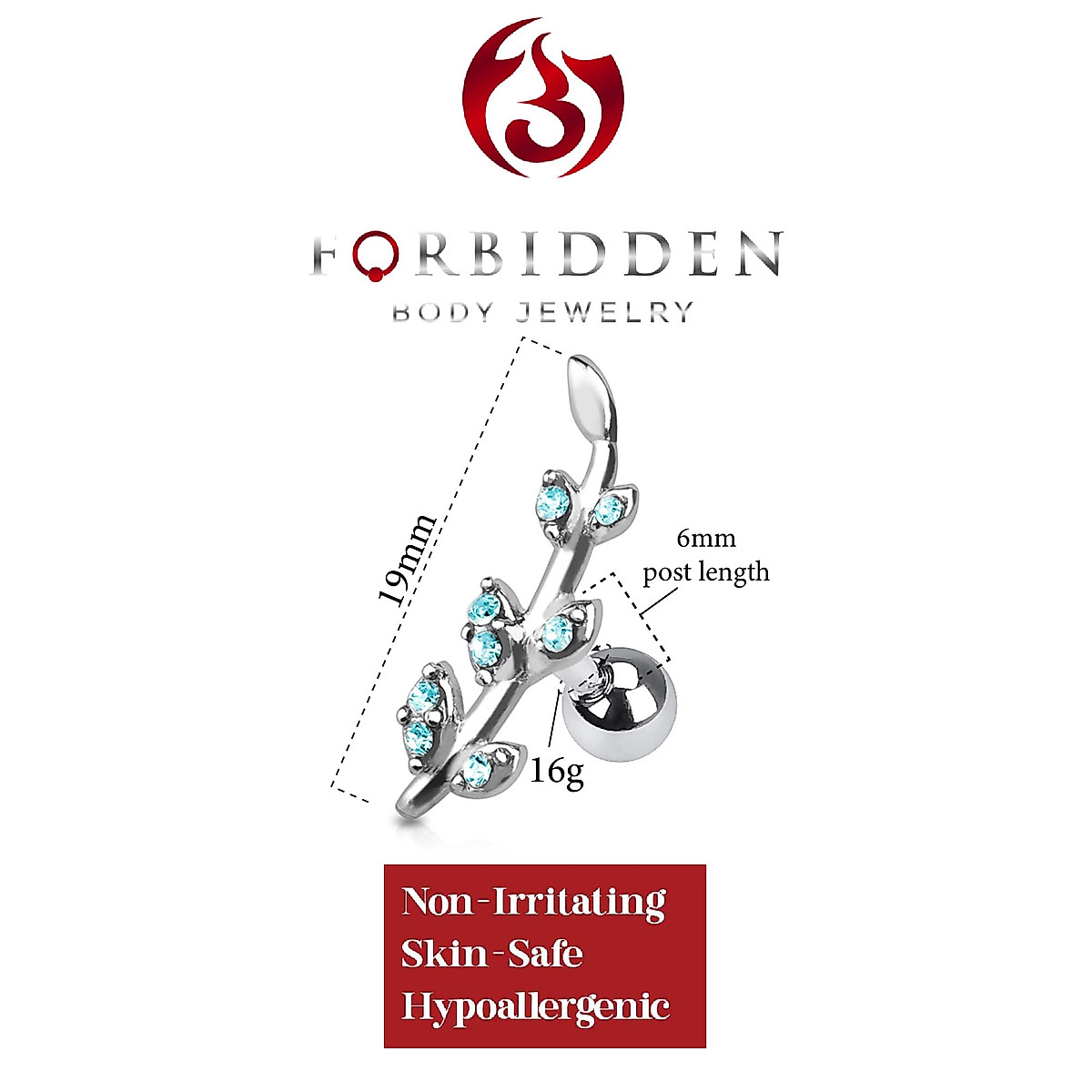 Forbidden Body Jewelry 16g Surgical Steel CZ Studded Vine & Leaves Climbing Cartilage/Helix Earring (Aqua)