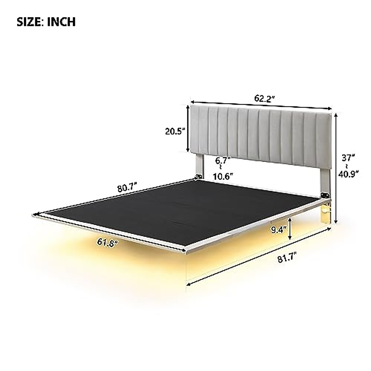 Queen Size Upholstered Platform Bed with Sensor Light and Headboard, Floating Velvet Design, Sturdy Wood Frame, No Box Spring Needed, Gray