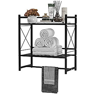 TZAMLI 2-Tier Towel Rack Wall Mounted Bathroom Shelves with Towel Bar, Floating Shelves Over Toilet, Metal Storage Shelf Shower Organizer, Black