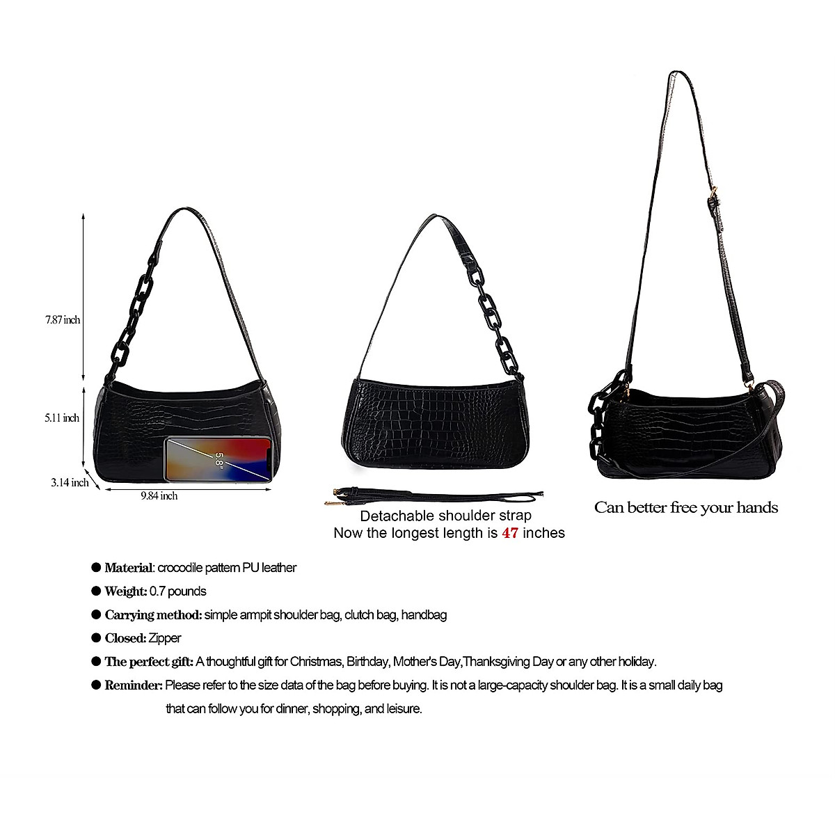 Scioltoo Clutch Purses Shoulder Bag for Women Trendy Super Cute Tote Shoulder Bags With zipper Closure Women's Classic Evening Bag Black + shoulder strap