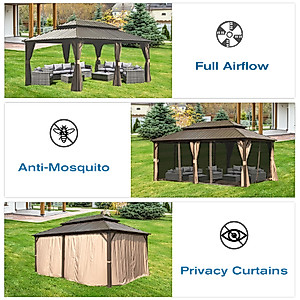 Domi 12' x 20' Hardtop Gazebo Permanent Metal Gazebo with Galvanized Steel Double Roof, Curtains and Netting for Party, Wedding, Outdoor Dining, Patio, Backyard, Brown