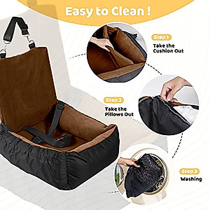 IFurffy Dog Car Seat, Pet Car Seat with Storage Pockets and Clip-On Safety Leash, Washable Coral Fleece Dog Booster Seat for Small Medium Dogs, Small Dog Car Seat for Travel Dog Car Bed (Brown)