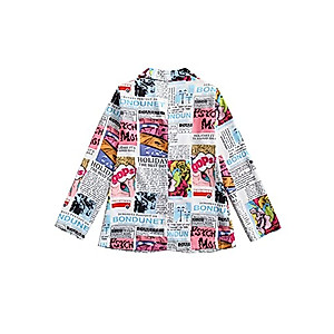 WDIRARA Women's Newspaper Pop Art Print Button Front Long Sleeve Casual Blazer Jacket Multicolored L