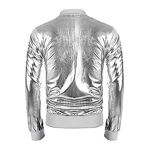Coofandy Mens Metallic Nightclub Varsity Jacket Shiny Button Zip-up Baseball Bomber For Party,Disco,Dance,Silver,Medium