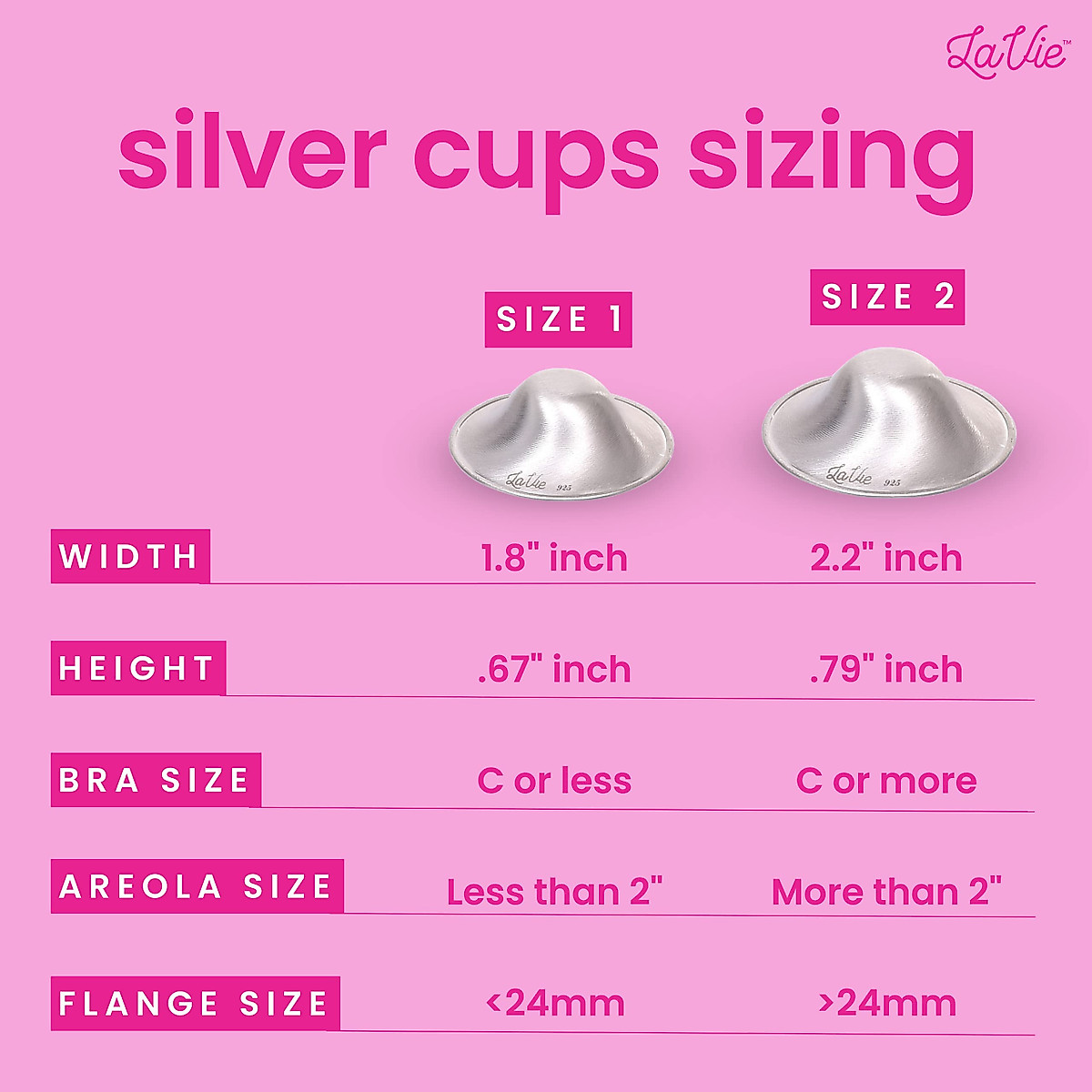 LaVie™ Silver Nursing Cups, Soothing Protection for Nursing Nipples of Newborns, Calming Relief for Breastfeeding Moms, 925 Silver Nipple Covers All Natural (Size 2)