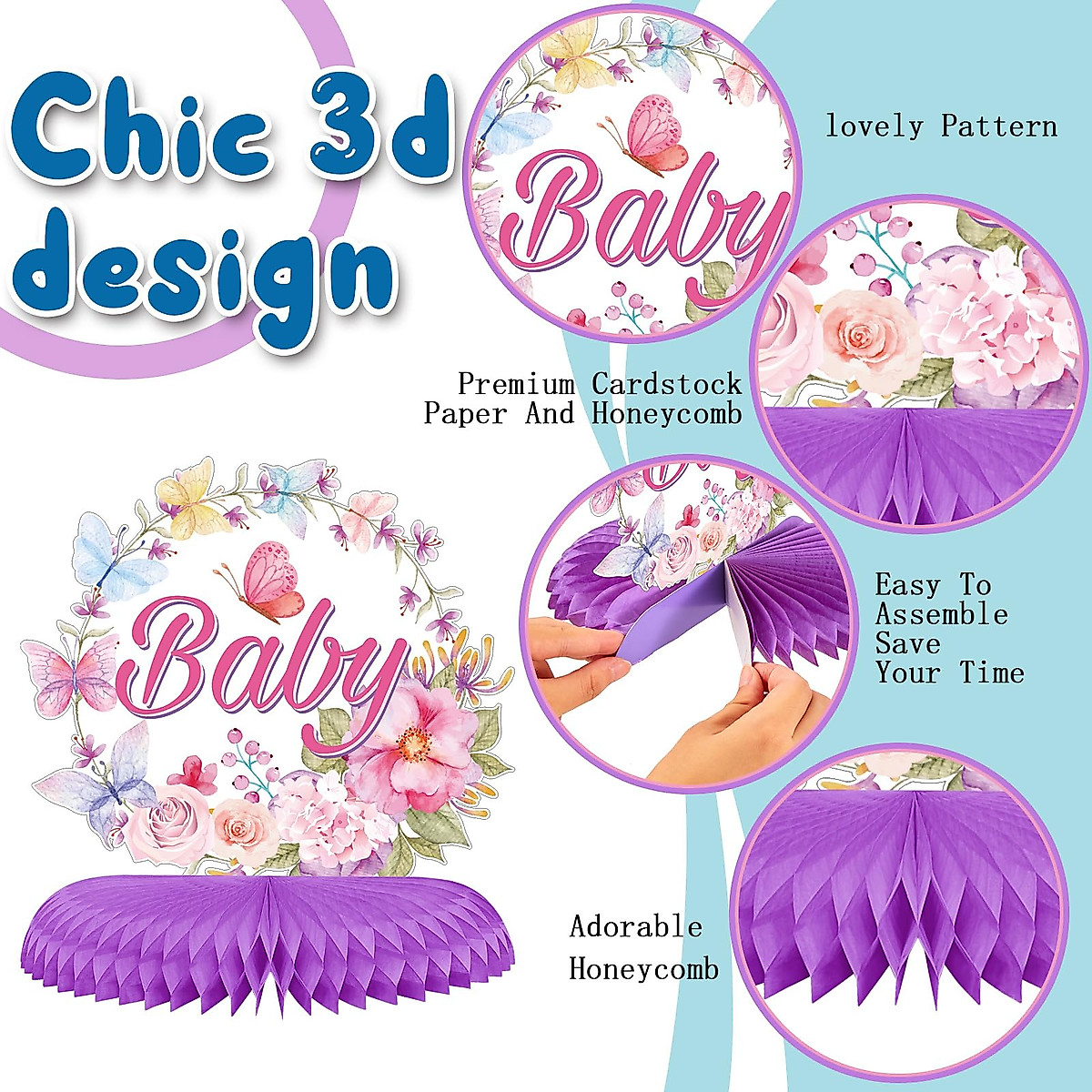 15 Pcs Butterfly Baby Shower Honeycomb Centerpieces It's a Girl Purple and Pink Butterfly Table Decor Floral Butterflies Table Topper Sign for Baby Girl Gender Reveal Birthday Party Decor