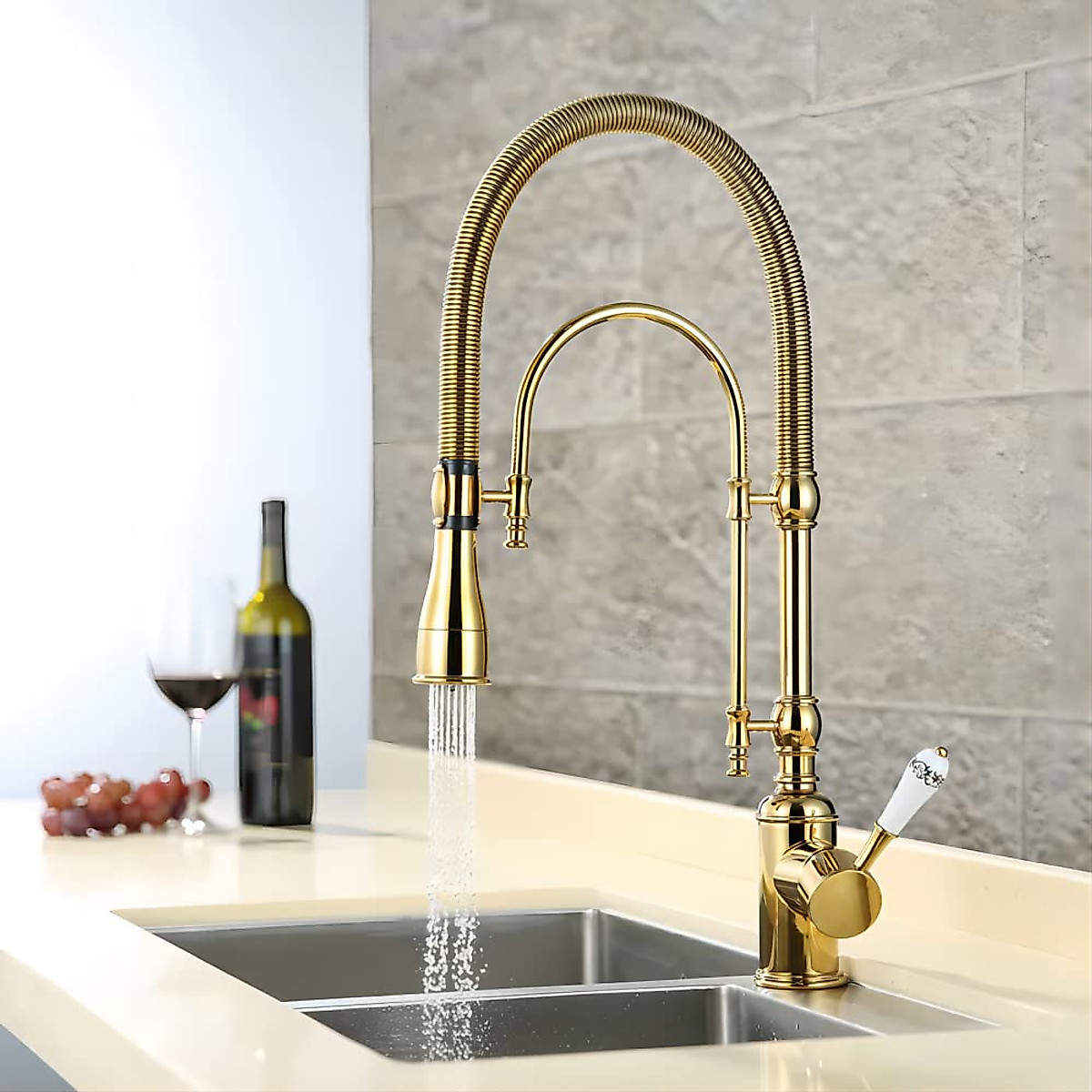 KunMai Single Handle High Arc Swiveling Dual-Mode Pull-Down Sprayer Kitchen Sink Faucet with Porcelain Handle in Polished Gold,Lead-Free Solid Brass Pre Rinse Faucet