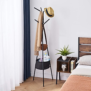 VECELO Coat Rack Freestanding,Hall Trees with Storage Basket,Entryway Clothes Stand with Shelf for Hat,Bags,Scarf Trees with 6 Hooks,Rustic Brown and Black