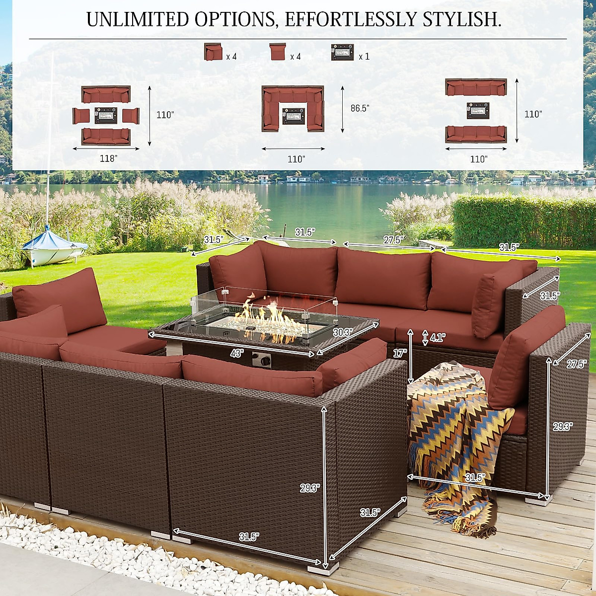 BULEXYARD High Back Brown PE Rattan Outdoor Patio Furniture Set with Propane Fire Pit Table, Large Wicker Outside Sectional Furniture Sofa Conversation Sets for Backyard(Dark Red, 9Pcs-B)
