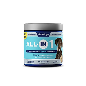 Vetericyn All-in 1 Multifunctional Senior Dog Supplement | Digestive Enzymes + Glucosamine Chondroitin for Hip and Joint Support + Vitamins, Antioxidants, Prebiotics, Probiotics, and Omegas. 90 Count