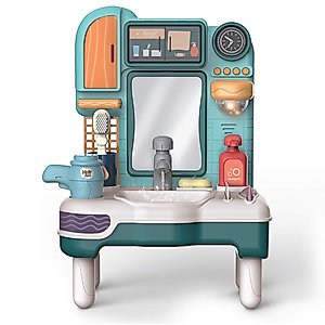 Toy Chef Kids' Wash Up Sink Pretend Playset, Bathroom Vanity Mirror with Sink and Running Water and Light, Realistic Playset with Toy Bathroom Toiletry Accessories, Light Up Toy with Sound