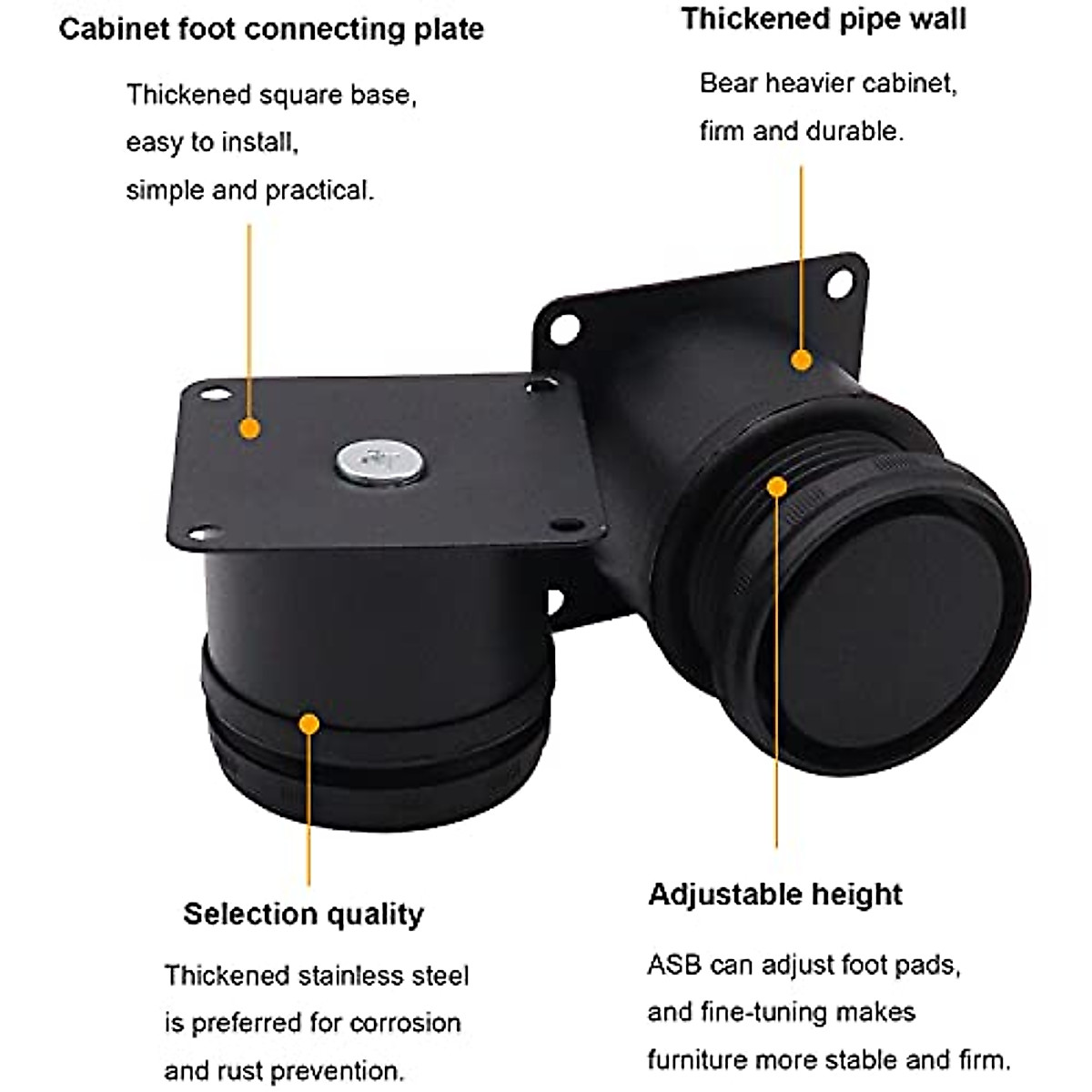 weideer 4-Pack 2 Inch Stainless Steel Furniture Legs Cabinet Adjustable Round Kitchen Feet for DIY Furniture+16pcs Screw (Black 50x50mm)