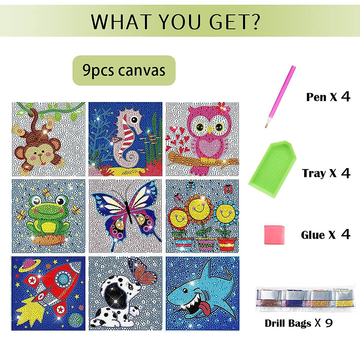 HUBENDMC 9 Pack 5D Diamond Painting Kits for Kids Cute Full Drill Diamond Art Kits for Beginners DIY Gem Arts and Crafts for Kids Ages 8-12 Diamond Dots for Home Wall Decor 6X6 inch