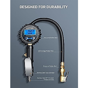 AstroAI Digital Tire Pressure Gauge with Inflator(3-250 PSI for 0.1 Display Resolution), Heavy Duty Air Chuck and Compressor Accessories with Rubber Hose and Quick Connect Coupler Car Accessories.