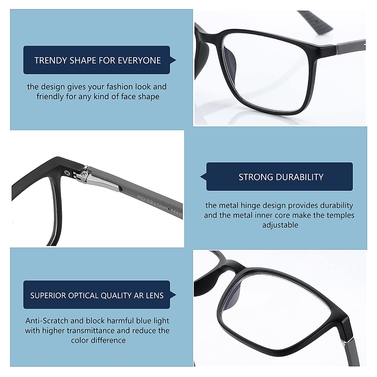 BLUEMOKY Blue Light Reading Glasses for Men，Sport Square Frame Readers, Anti Glare Computer Glasses