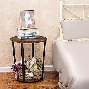 GOOD & GRACIOUS Round End Side Table with Storage Shelf for Living Room Sofa Couch End Tables with Sturdy Metal Frame Bedside Accent Table with Metal Frame for Small Spaces, Bedroom, Brown