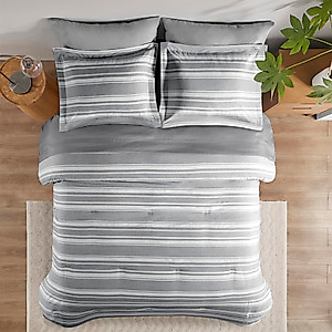 Queen Size Bed in a Bag, Full Bedding Sets, Modern Farmhouse Grey and White Striped Comforter with Sheets, 7-Piece Complete Bedroom Set