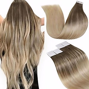 LaaVoo Tape in Hair Extensions Balayage Brown to Ash Blonde with Platinum Blonde Hair Extensions Tape in Human Hair Blonde Ombre Tape in Hair Extensions Human Hair for Women Seamless 12inch 30g 20pcs
