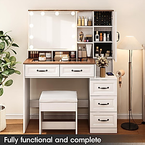 Vabches Makeup Vanity Desk with Lights and Mirror, Brown Vanity Table Set with Charging Station, Glass Top Vanity with RGB Lights, Large Mirror with 3 Lighting Modes, 5 Drawers & Cabinet, 40.7in(L)