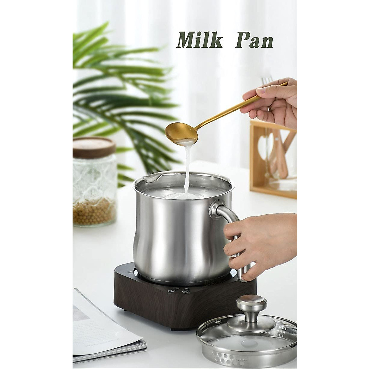 KLLKR 1.8 Quart Stainless Steel Milk Pot with Pour Spout, Saucepan with Lid, No Coating, Reinforced Stainless-Steel Handle for Boiling Milk, Sauce, Gravies