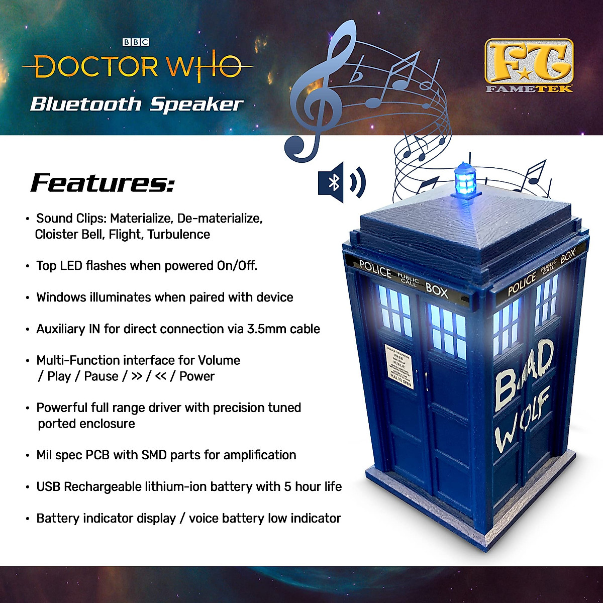 FAMETEK Doctor Who Bad Wolf Tardis Wireless Bluetooth Speaker Plays Music, Lights Up, Accurate Sounds Effects |Gifts for Men or Women - Best Gifts Birthday Collectibles for Doctor Who