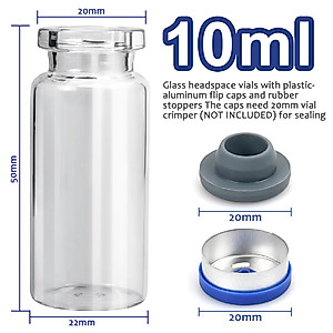Alyoen 100 Pack 10ml Glass Vials Clear Glass Headspace Vial with Plastic-Aluminum Flip Caps, Rubber Stoppers and Label Papers, Small Glass Lab Vials