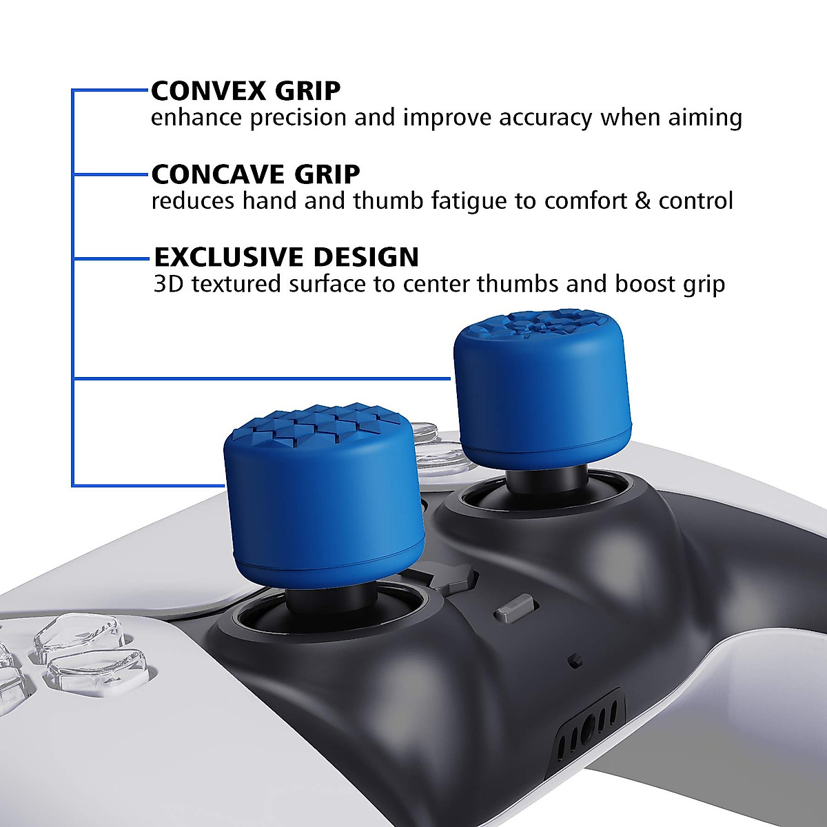 PlayVital Blue Ergonomic Stick Caps Thumb Grips for PS5/4, Xbox Series X/S, Xbox One, Xbox One X/S, Switch Pro Controller - with 3 Height Convex and Concave - Diamond Grain & Crack Bomb Design