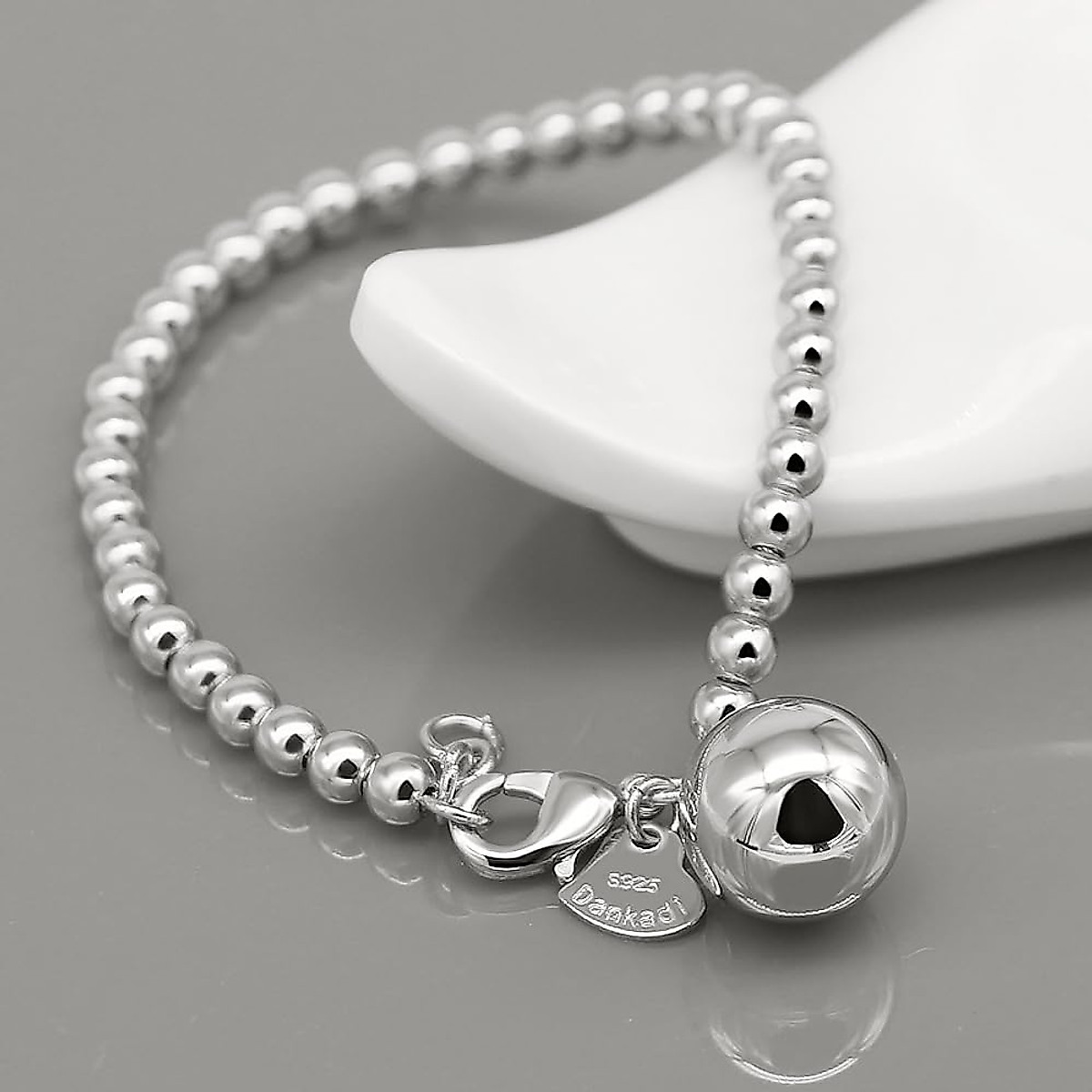 Meilanduo 925 Sterling Silver Women's 4MM/6MM Italian Bead Chain Bracelet with Ball/Heart Charm, Handmade Bead Italian Bracelet, Sizes 5.1" to 8.3" Inch for Women (Heart Charm, 4MM 7.5", Silver-Tone)