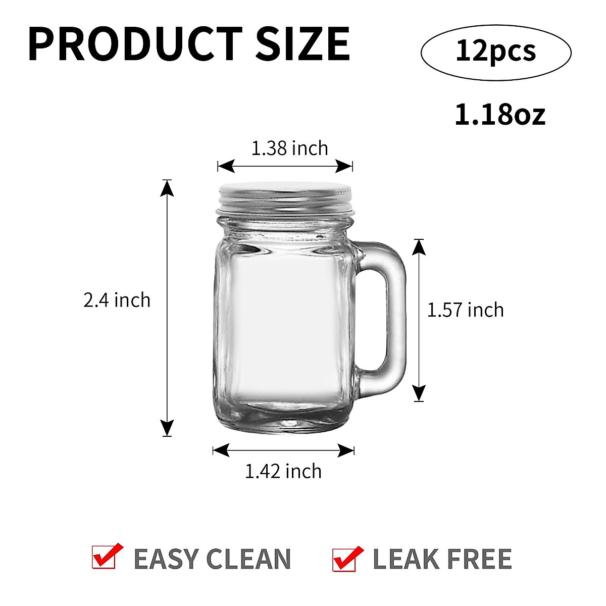 eispap Mini Mason Jar with Handles,1.7oz/50ml,Premium Shot Glasses with Leakproof Lids for Drink,Dessert,Condiments,Jams,Candle,Craft (12)
