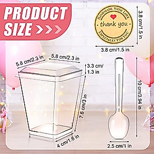 100 Packs Clear Plastic Dessert Cups with Spoons and Stickers, 6 oz Small Clear Plastic Parfait Cup Disposable Appetizer Cup Shooter Cup for Dessert Appetizers, Puddings, Mousse, Ice Cream (Square)