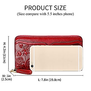 PIJUSHI Genuine Leather Wallets for Women Designer Floral Wristlet Wallet Ladies Clutch Purse with Tassel (20098 Red)