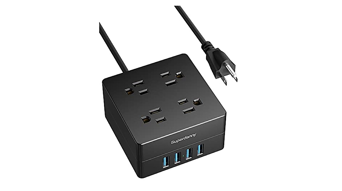 SUPERDANNY 5ft Power Strip: 4 Outlets, 4 USB, Surge Protection